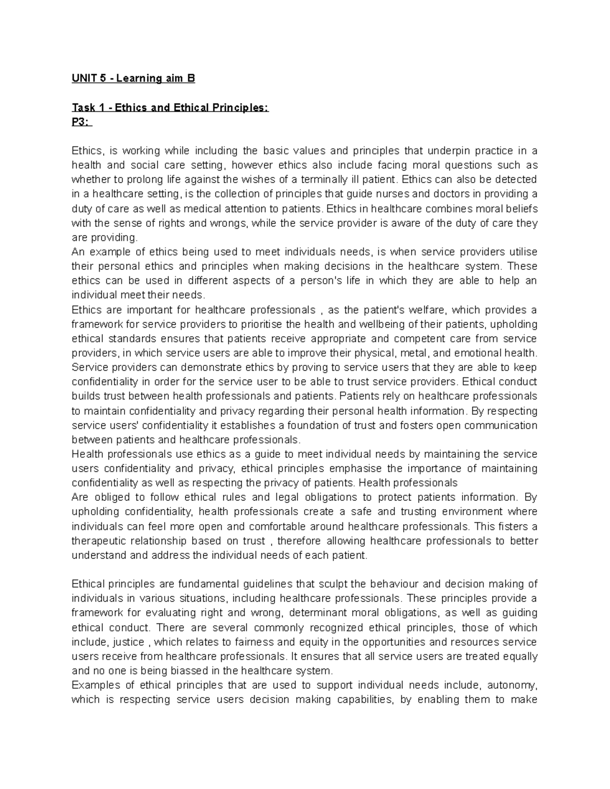 UNIT 5 - Learning Aim B: Ethics in Health & Social Care - Studocu