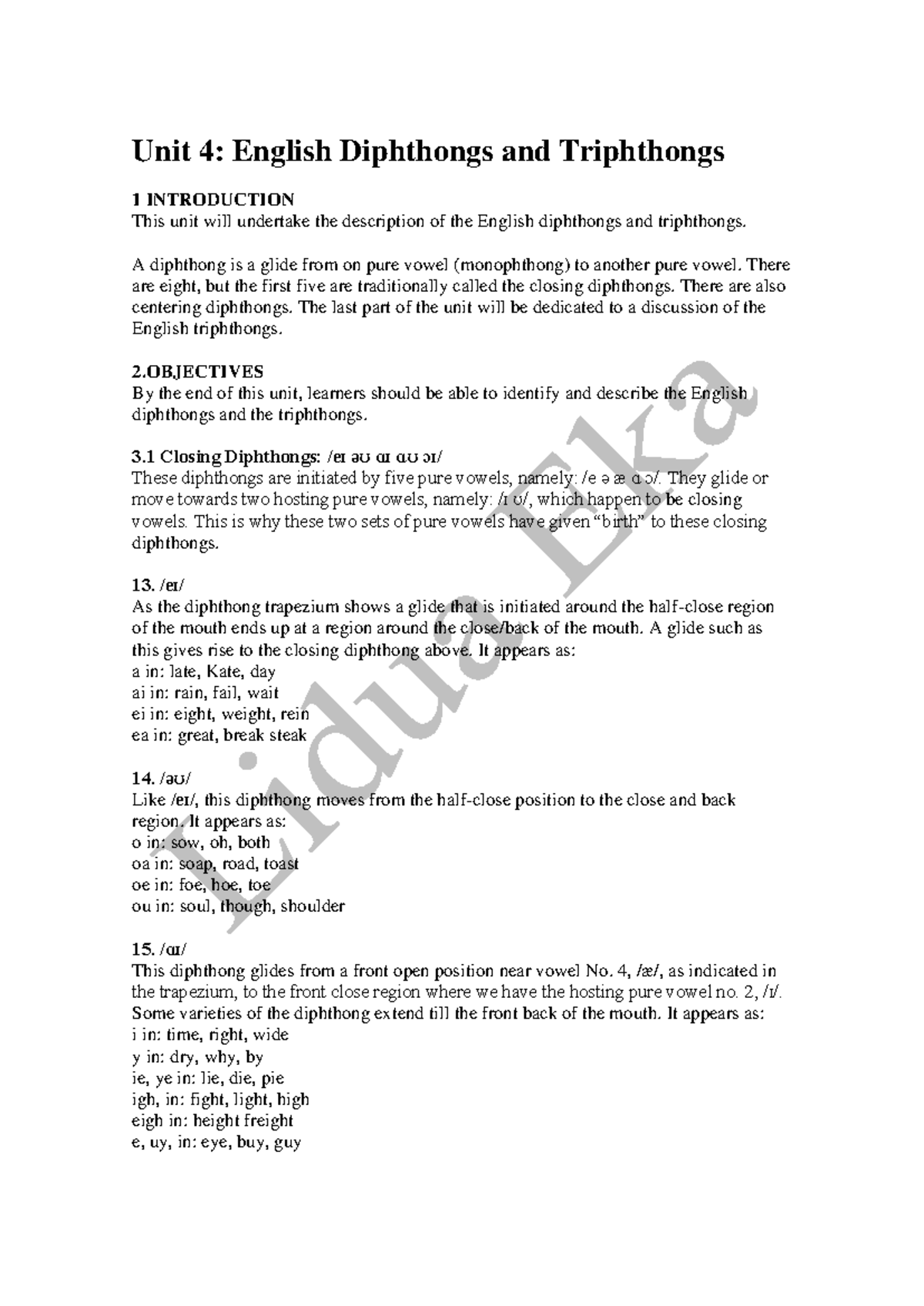 Unit 4: Understanding English Diphthongs and Triphthongs - Studocu