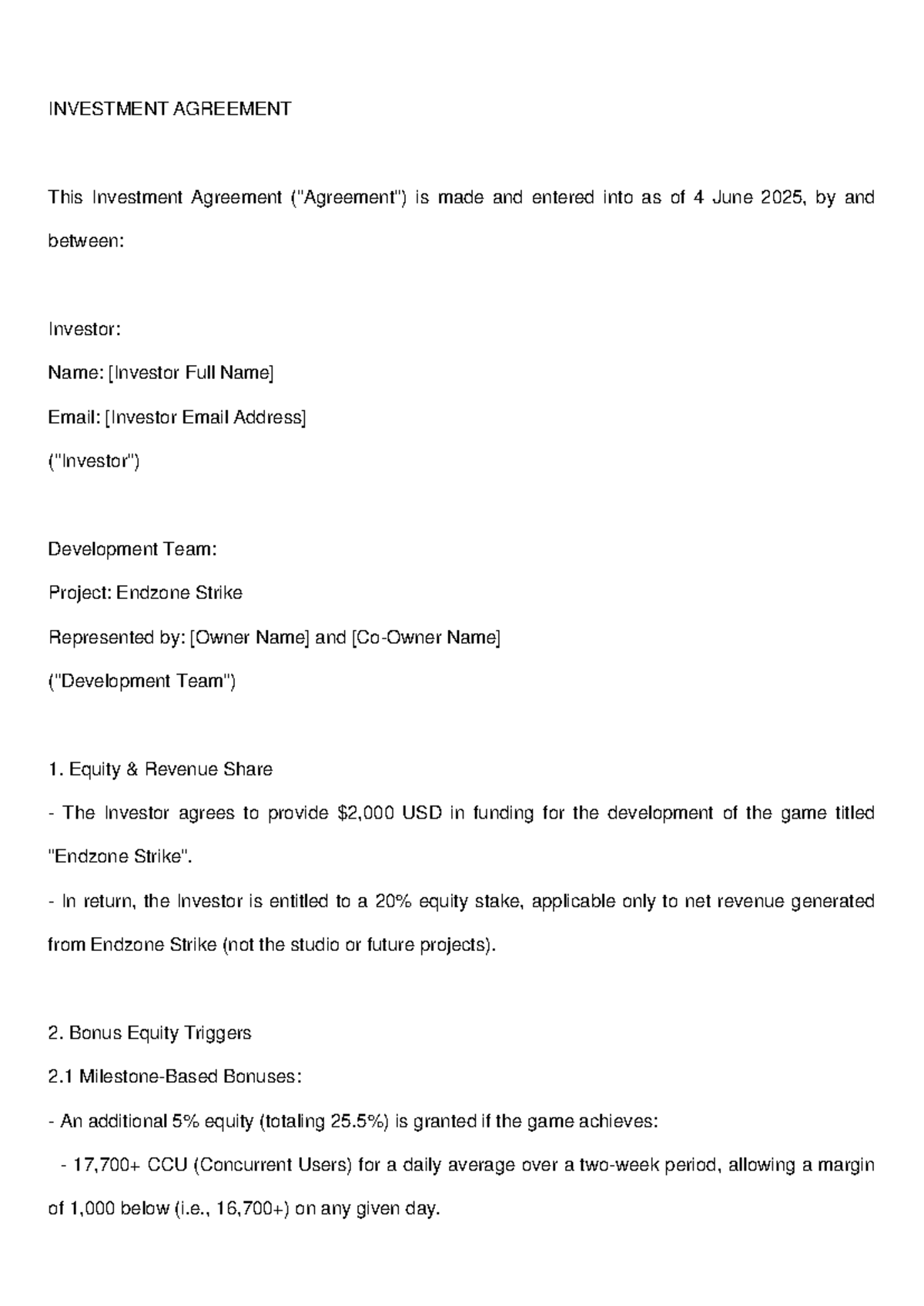 Endzone Strike Investment Agreement (20% Equity Terms) - Studocu
