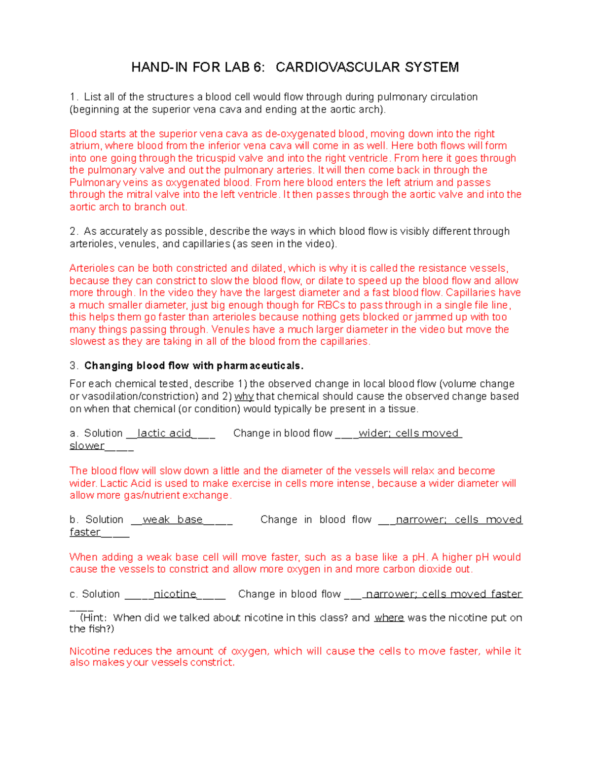 Lab 6 - Answers to Lab6 - HAND-IN FOR LAB 6: CARDIOVASCULAR SYSTEM List ...
