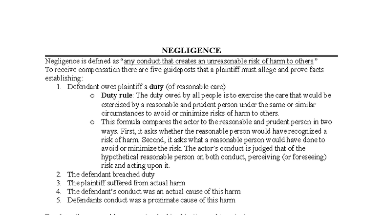 Negligence Law Outline: Key Concepts and Case Analysis - Studocu