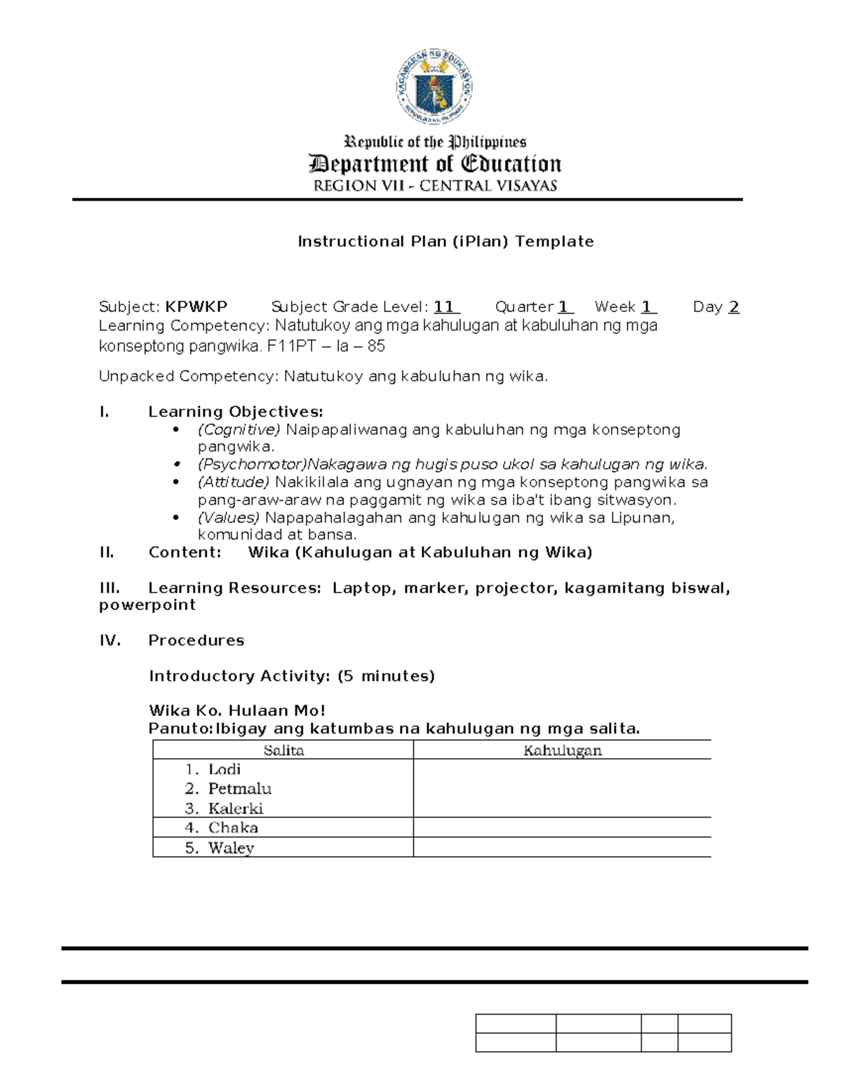 KPWKP 11 Q1 Week 1: Instructional Plan for Wika Concepts - Studocu