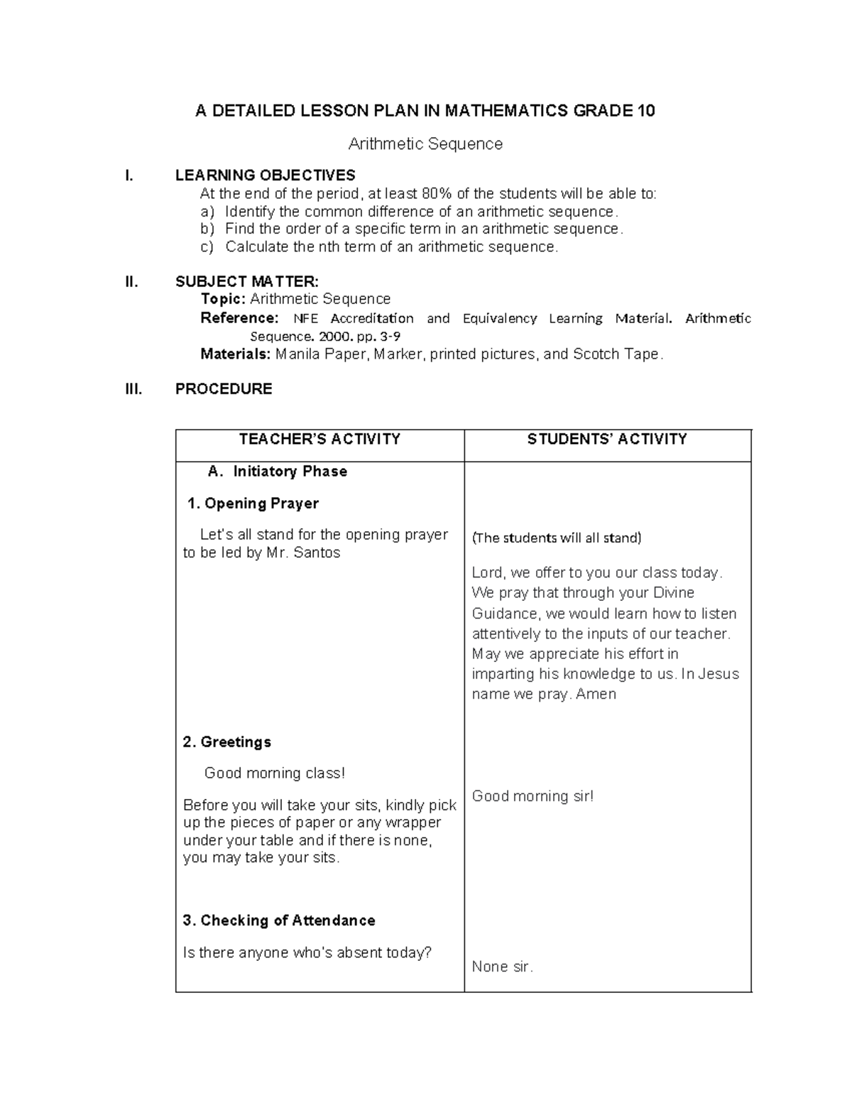 Mathematics Grade 10: Detailed Lesson Plan on Arithmetic Sequences ...
