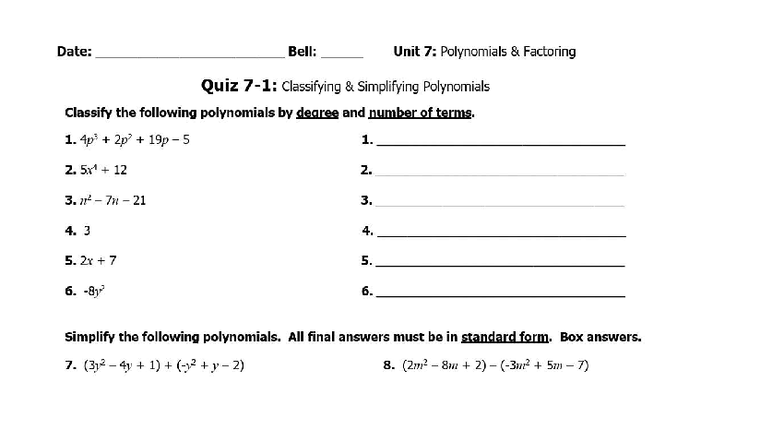 Quiz 7: Classifying & Simplifying Polynomials - Studocu