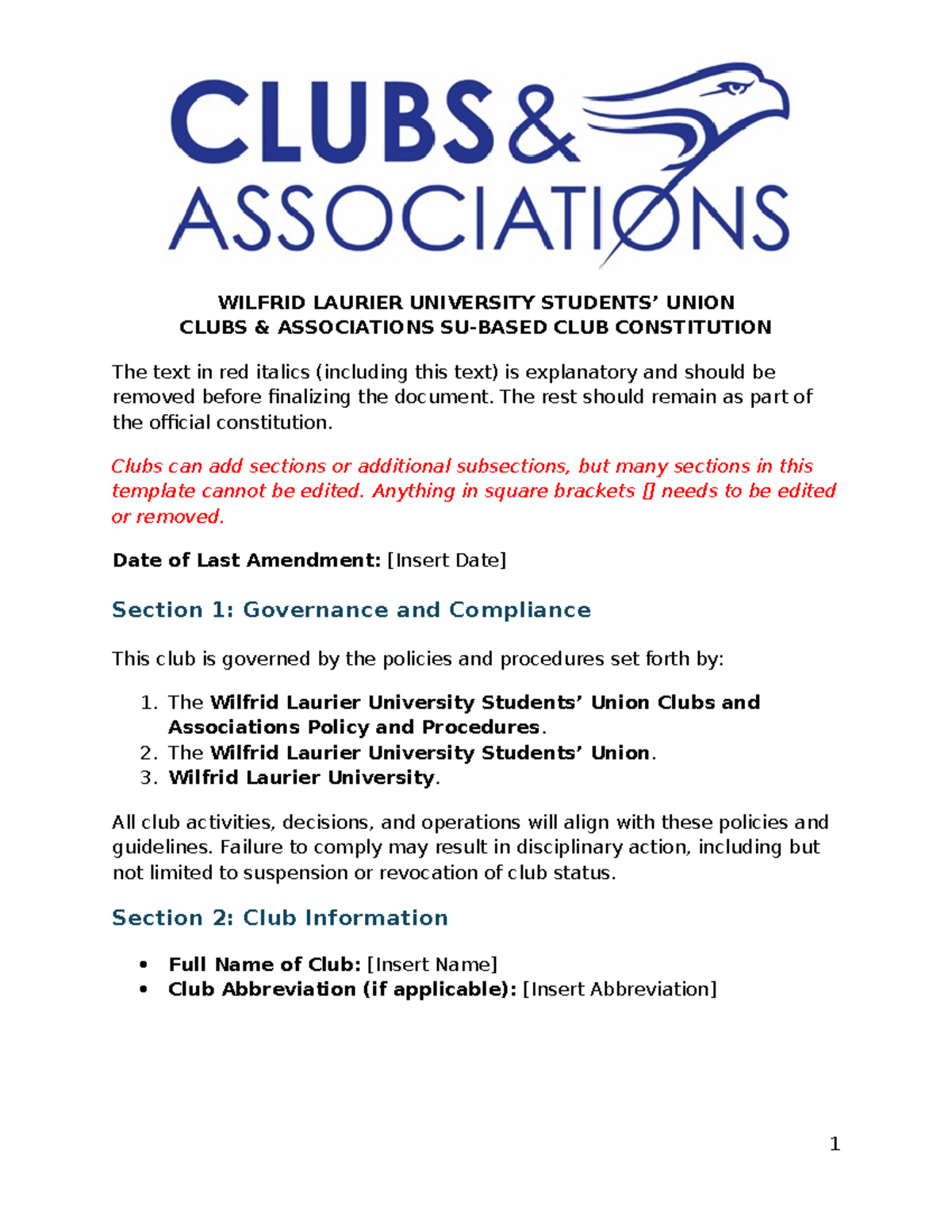 Clubs Constitution Template 2025-26 for Wilfrid Laurier University ...