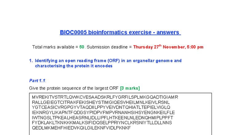 Bioinformatics Exercise Answers (Course Code: BIO101) - Studocu