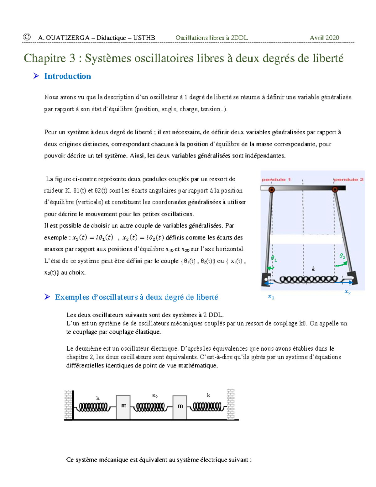 Oscillations Libres à 2DDL - Chapitre 3: Systèmes Couplés USTHB - Studocu