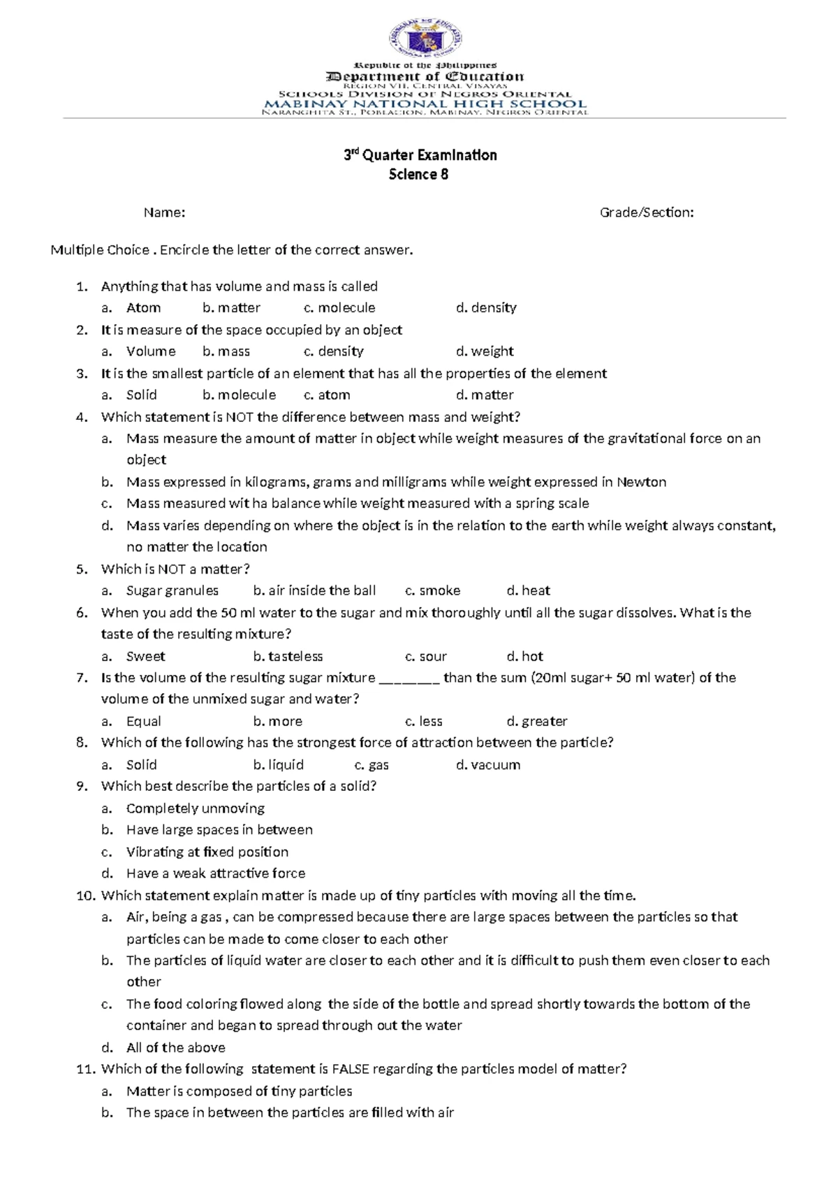 SCIENCE 10 3rd Quarter Exam: Multiple Choice & Structure Questions ...