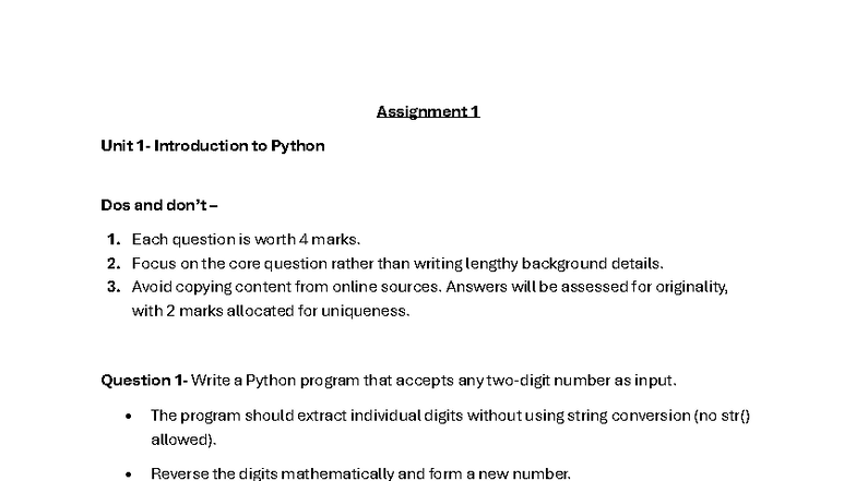 Unit 1 - Python Assignment 1: Core Programming Tasks - Studocu