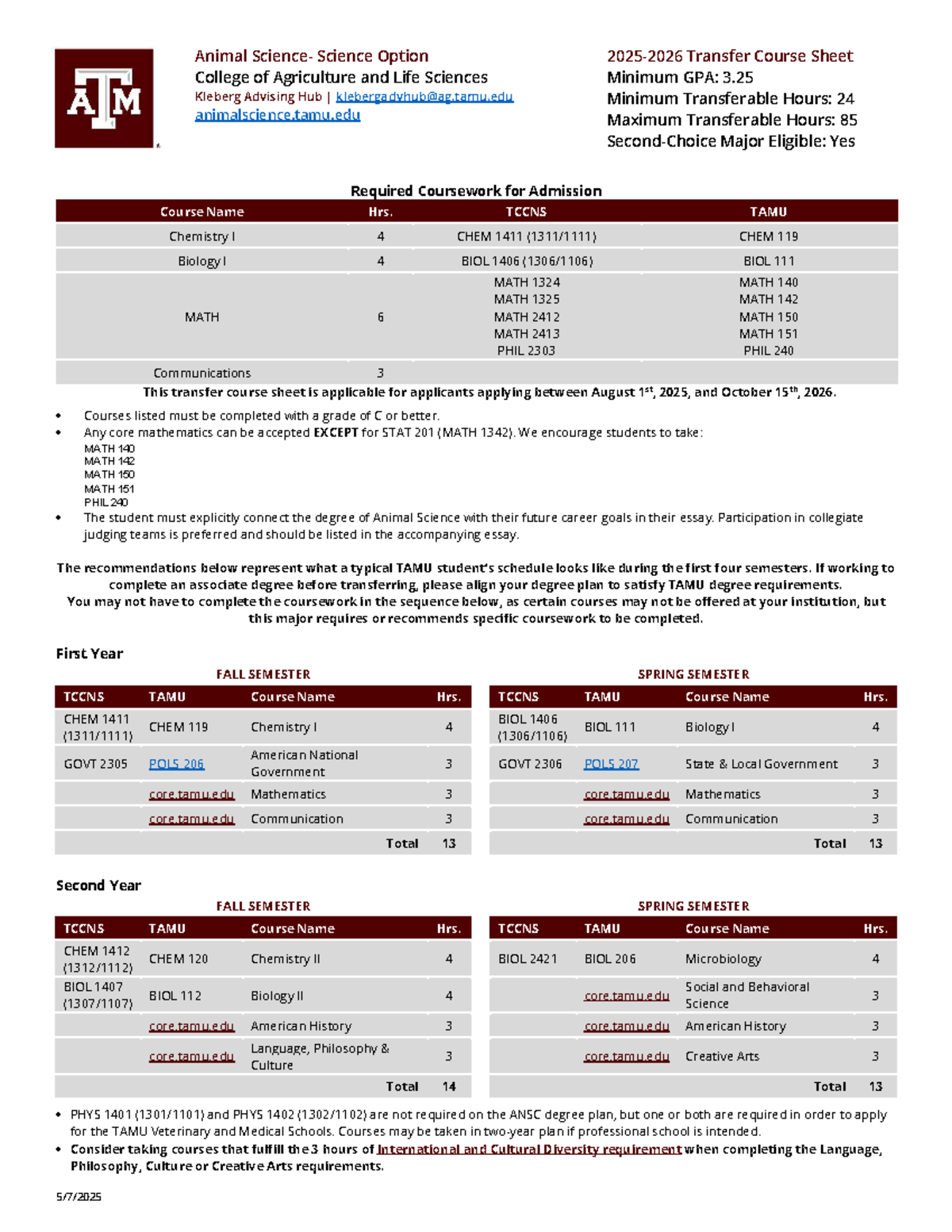 2025-2026 ANSC Transfer Course Sheet for Animal Science - Studocu
