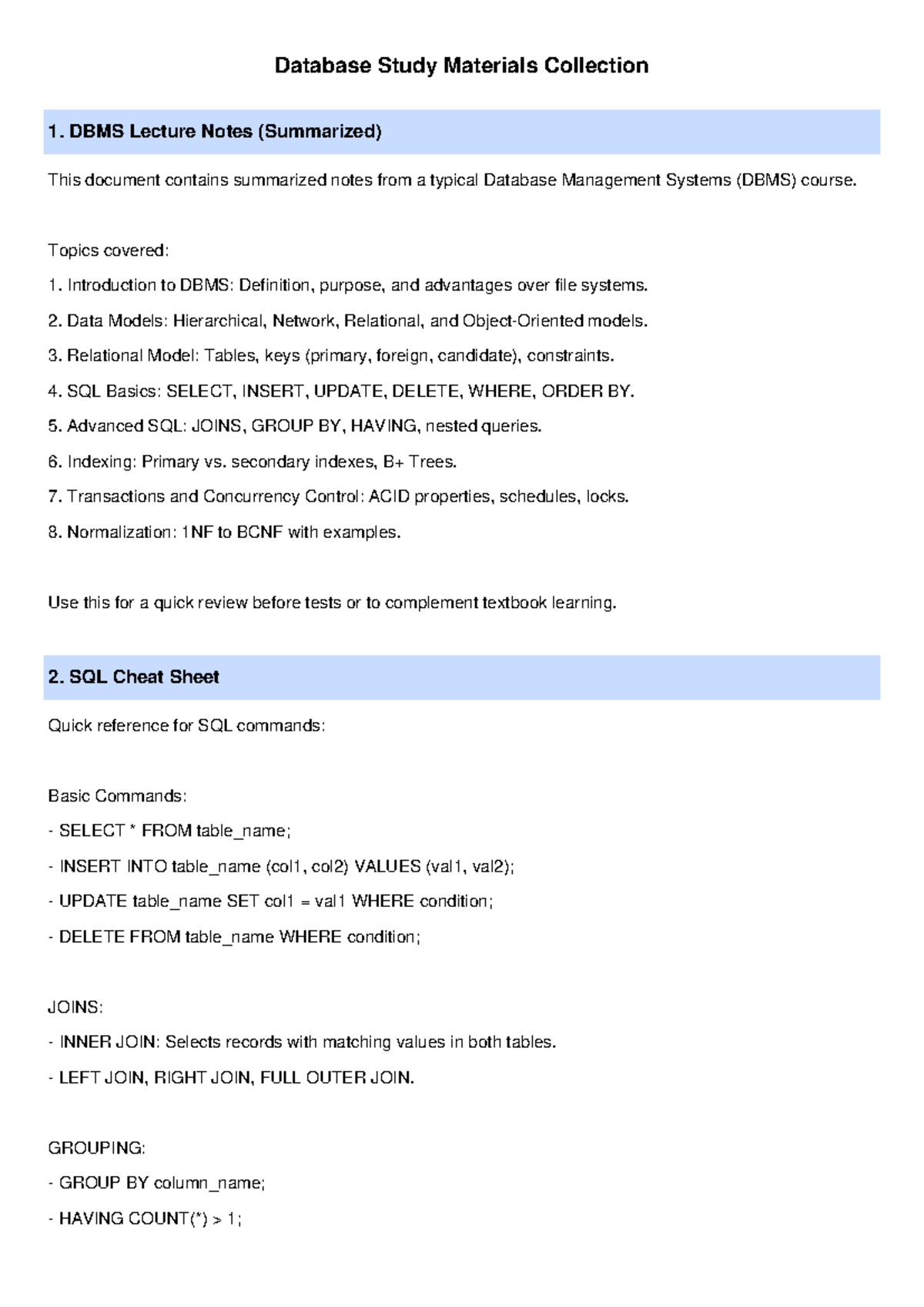 DBMS Lecture Notes & SQL Cheat Sheet: Essential Study Materials - Studocu