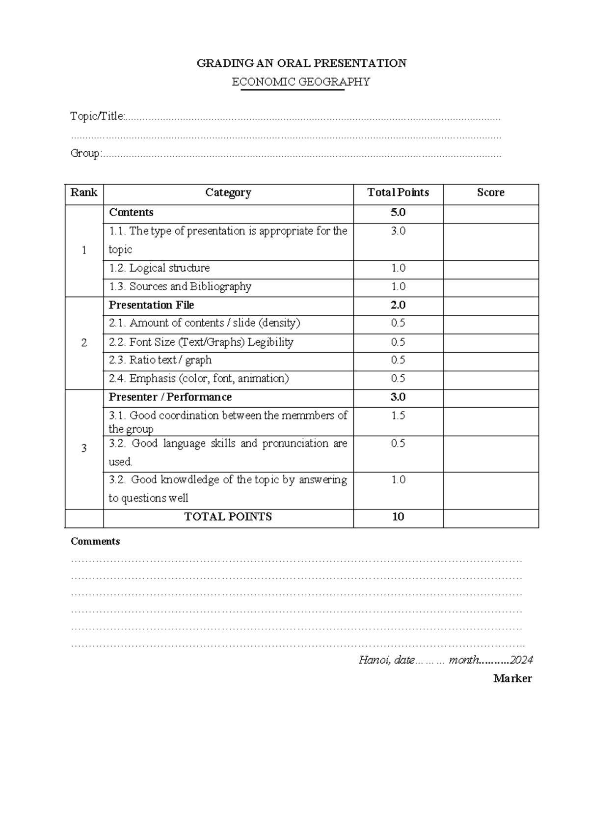 Grading an oral presentation in economic geography evaluation rubric ...