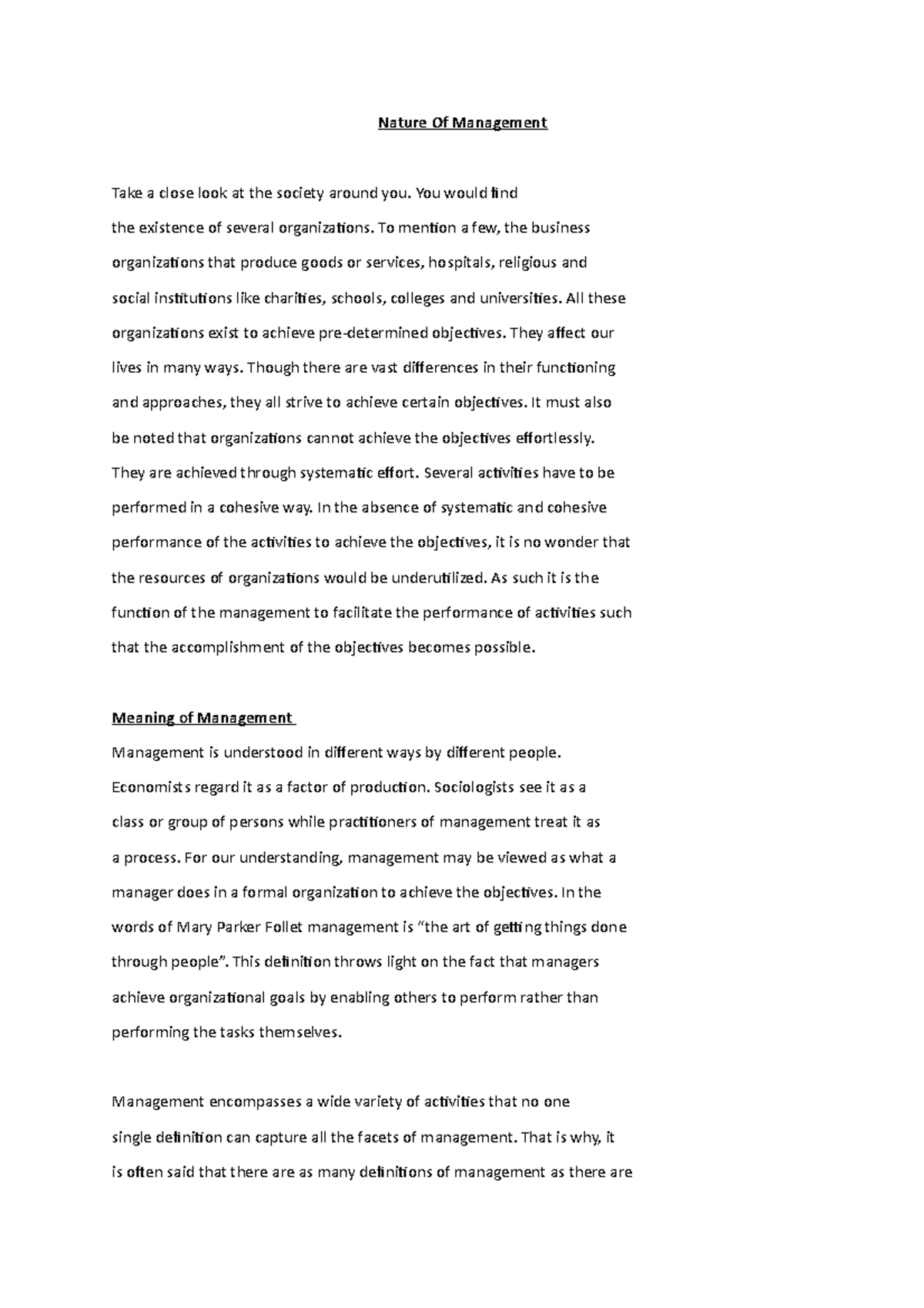 Mcob 1 - Short summary note - Nature Of Management Take a close look at ...