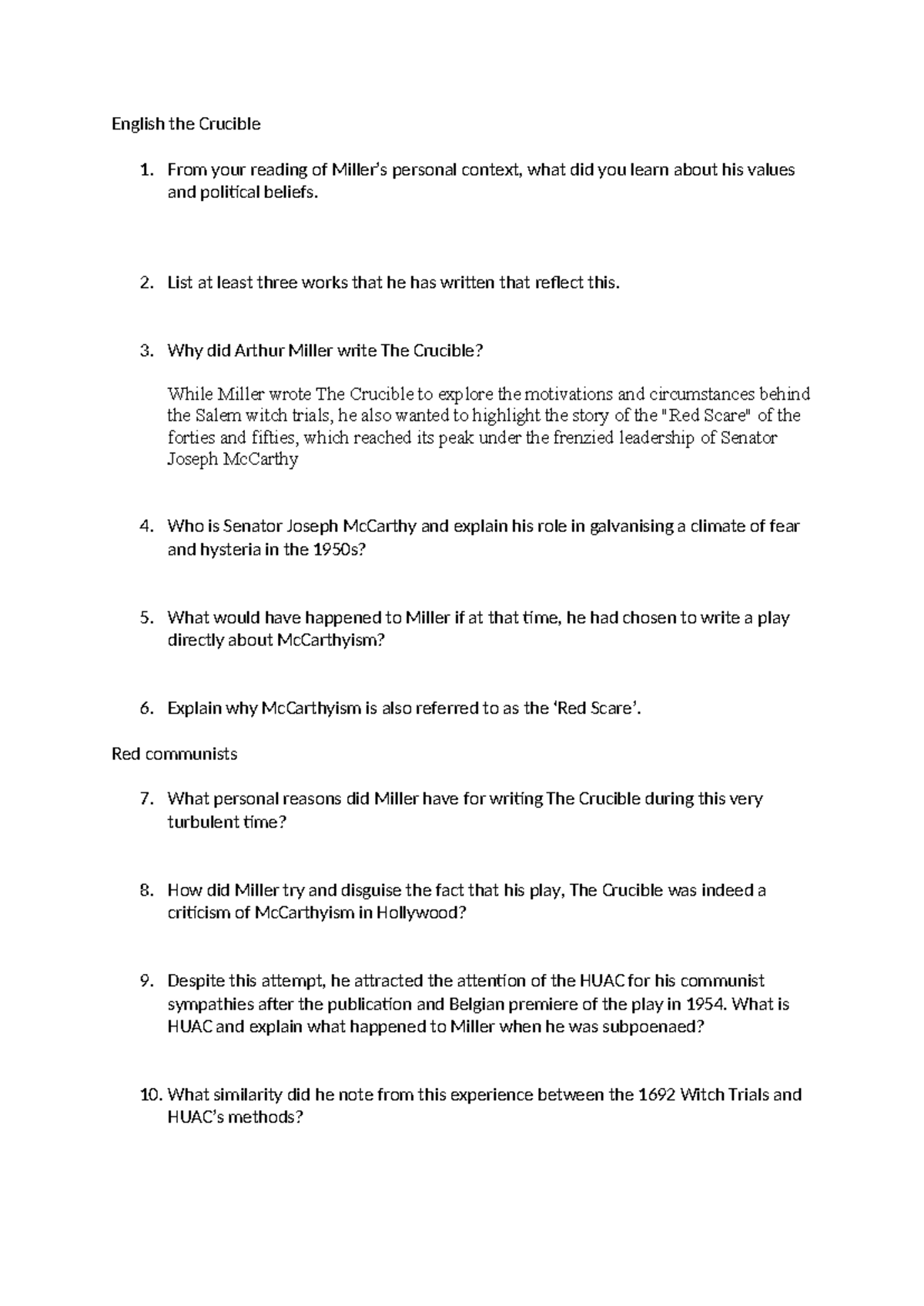 English the Crucible - From your reading of Miller’s personal context ...
