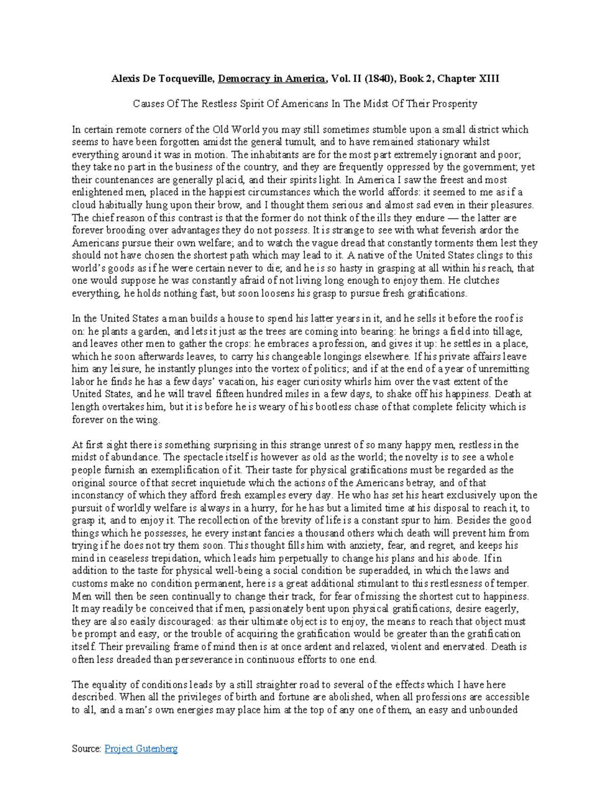 De Tocqueville, Democracy in America, Vol. II: Causes of American ...