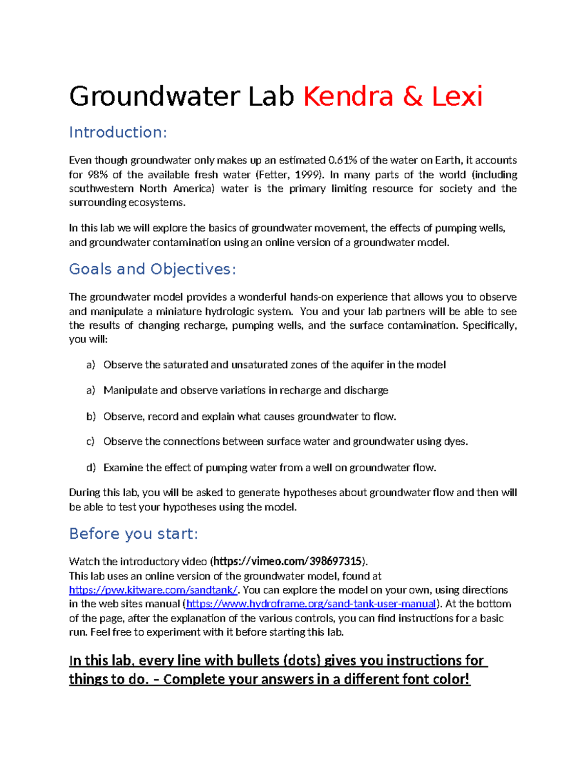 Ground Water Lab (GEO 101): Exploring Hydrology and Contamination ...