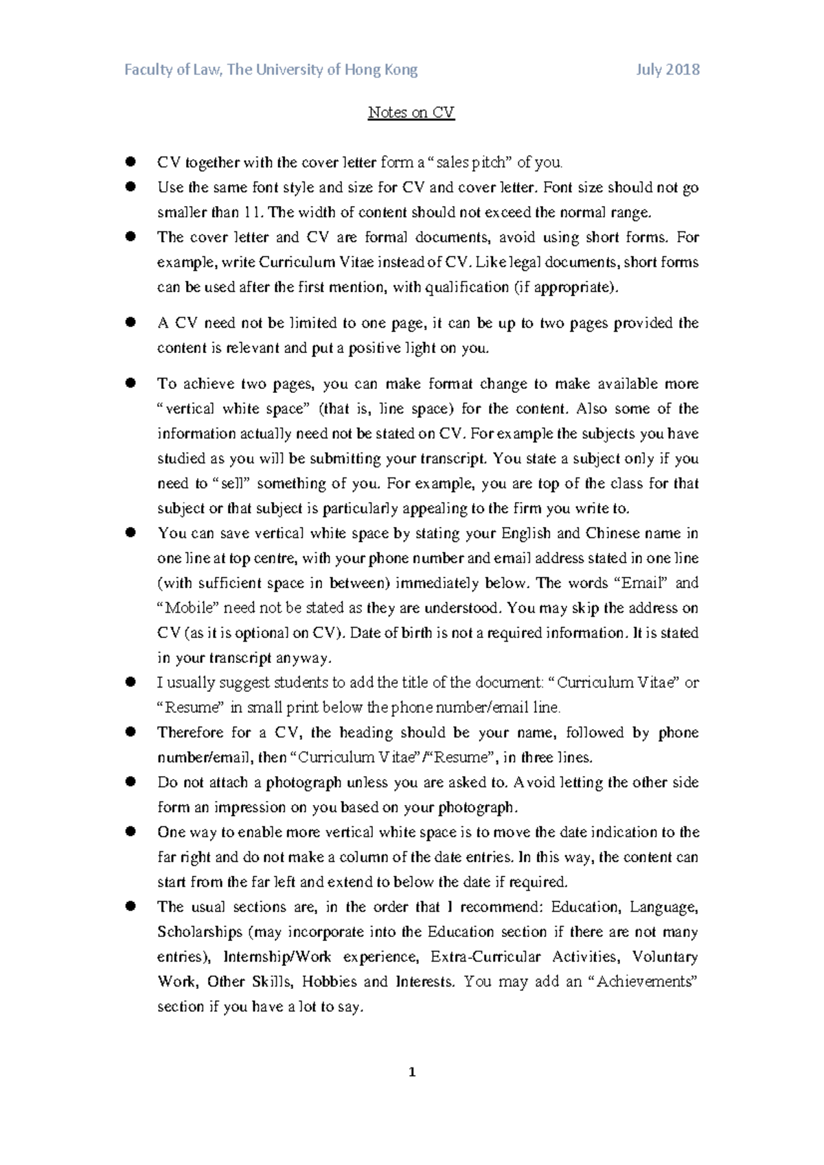 HKU LAW 2018 Notes on CV & Cover Letter Formatting Guidelines - Studocu