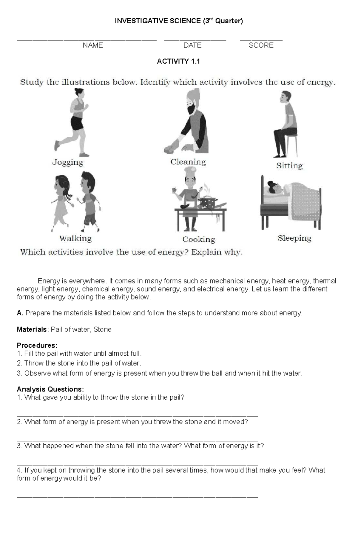 Investigative Science Activities (3rd Quarter) on Energy Forms - Studocu