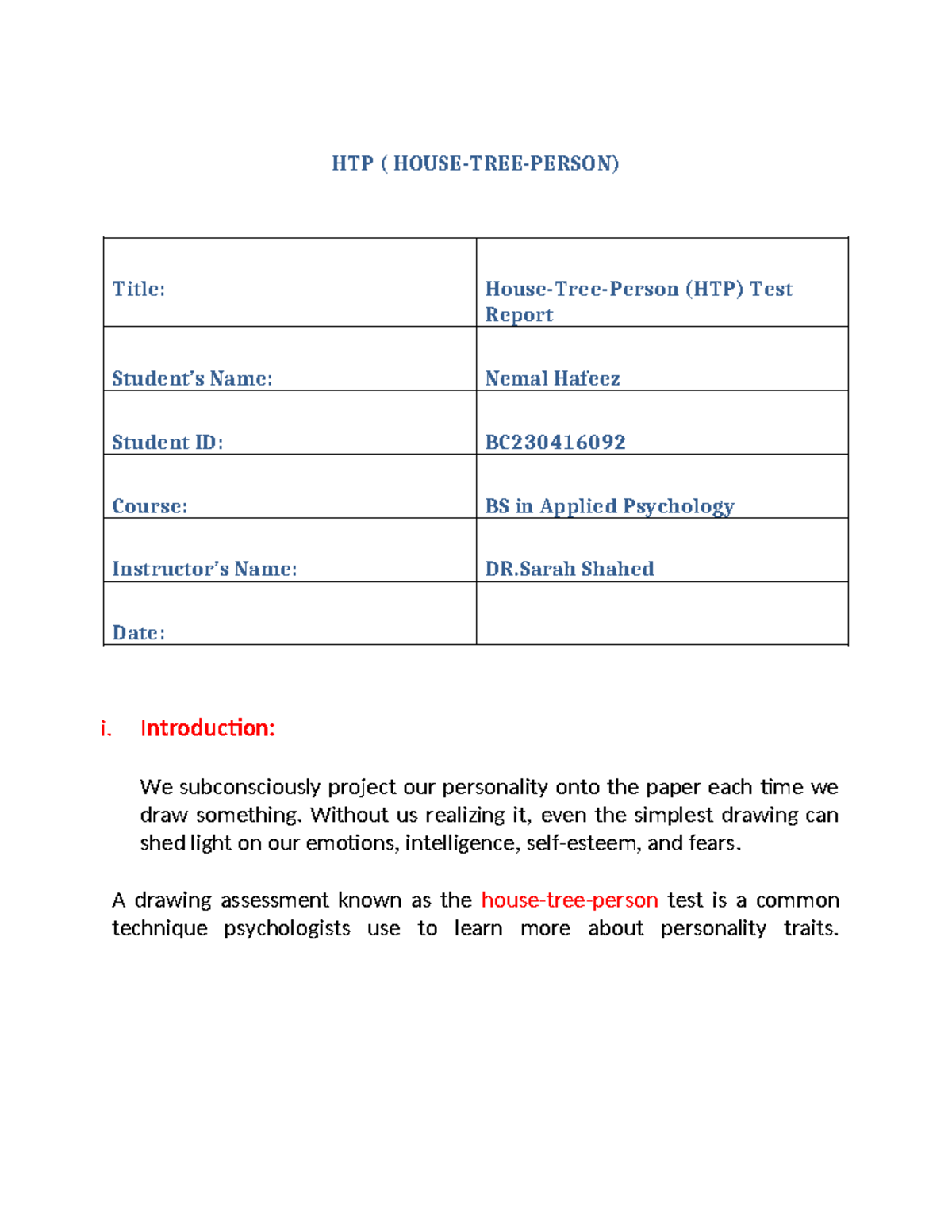 House-Tree-Person (HTP) Test Report for BS in Applied Psychology - Studocu