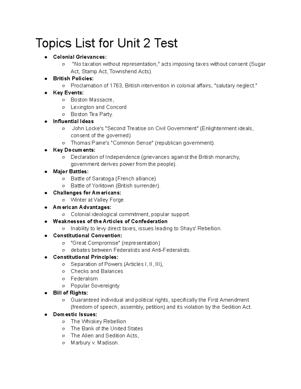 Unit 2 Test Topics: Colonial Grievances to Constitutional Issues - Studocu