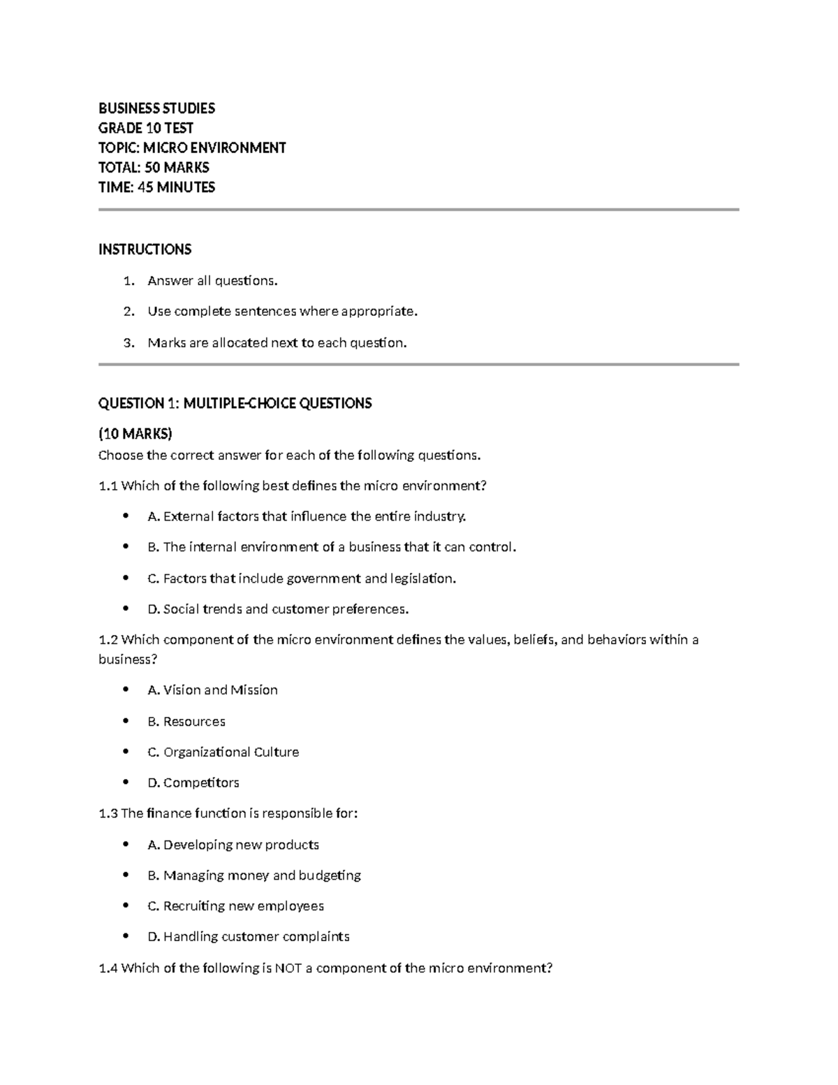 BUSINESS STUDIES GRADE 10 TEST: MICRO ENVIRONMENT (50 MARKS) - Studocu