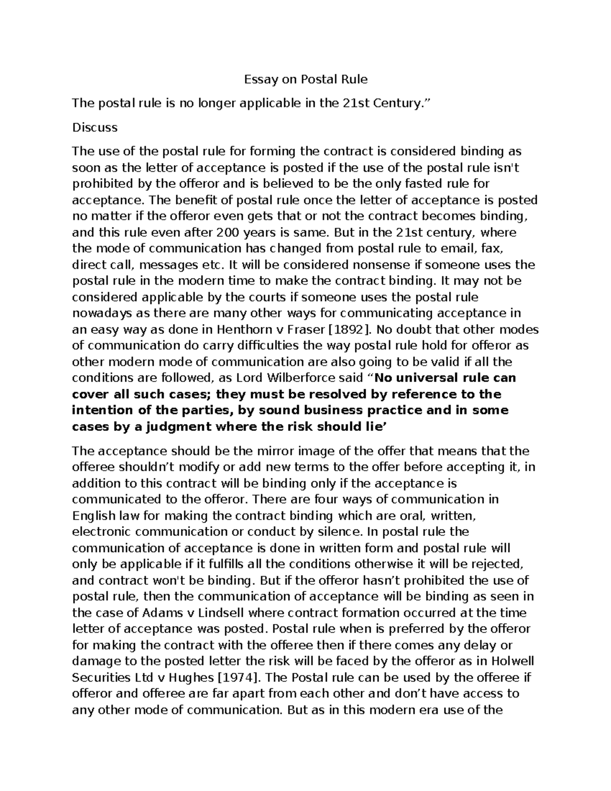 Essay on the Postal Rule: Its Relevance in the 21st Century - Studocu