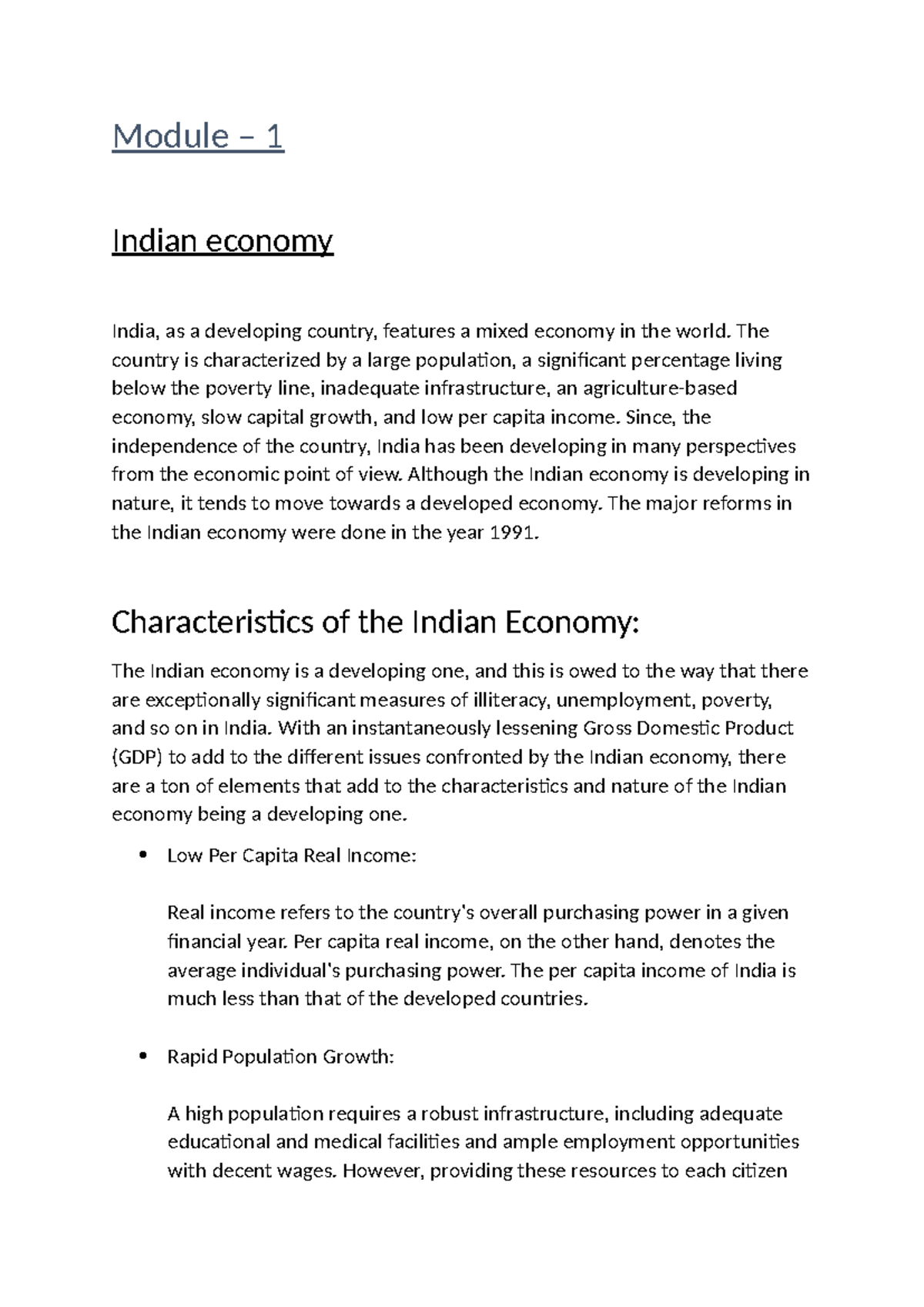 S4: Module 1 - Features of the Indian Economy - Studocu