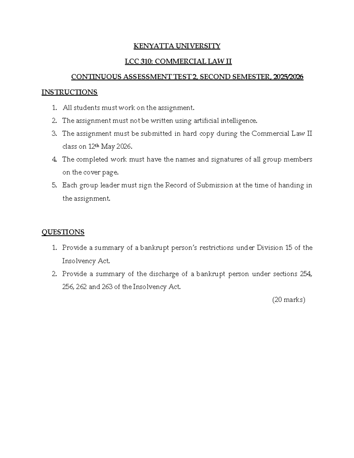KENYATTA UNIVERSITY LCC 310: COMMERCIAL LAW II CAT 2 Notes - Studocu