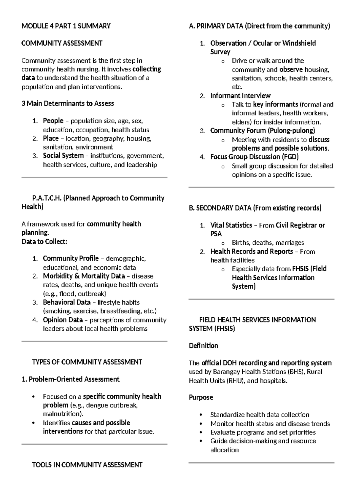 CHN 2 Final Exam Summary: Community Assessment Overview - Studocu