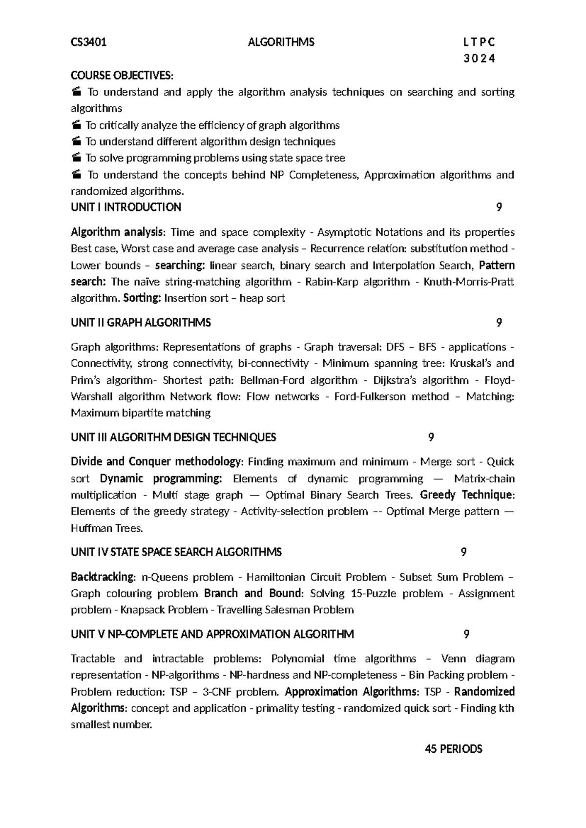 CS3401 ALGORITHMS SYLLABUS: Course Objectives & Unit Breakdown - Studocu