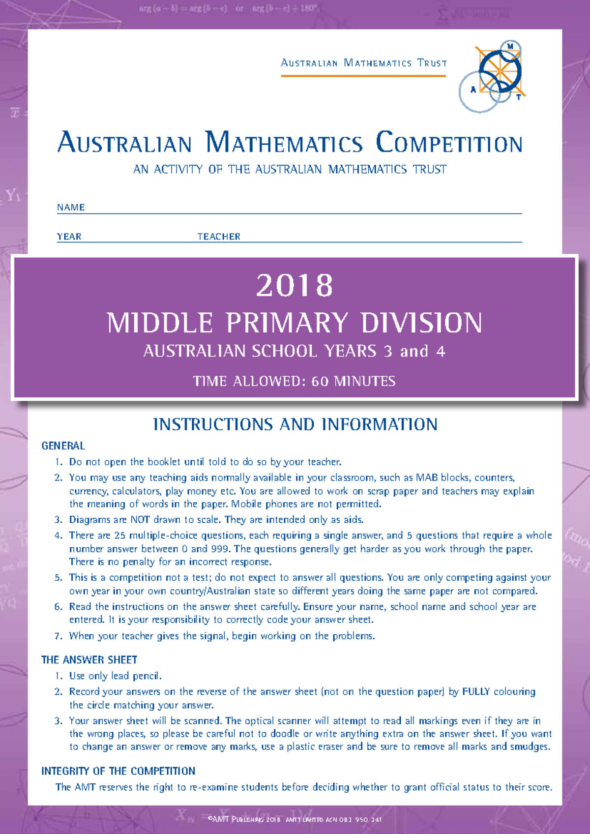 Australian Mathematics Competition 2018 - Middle Primary Division - Studocu