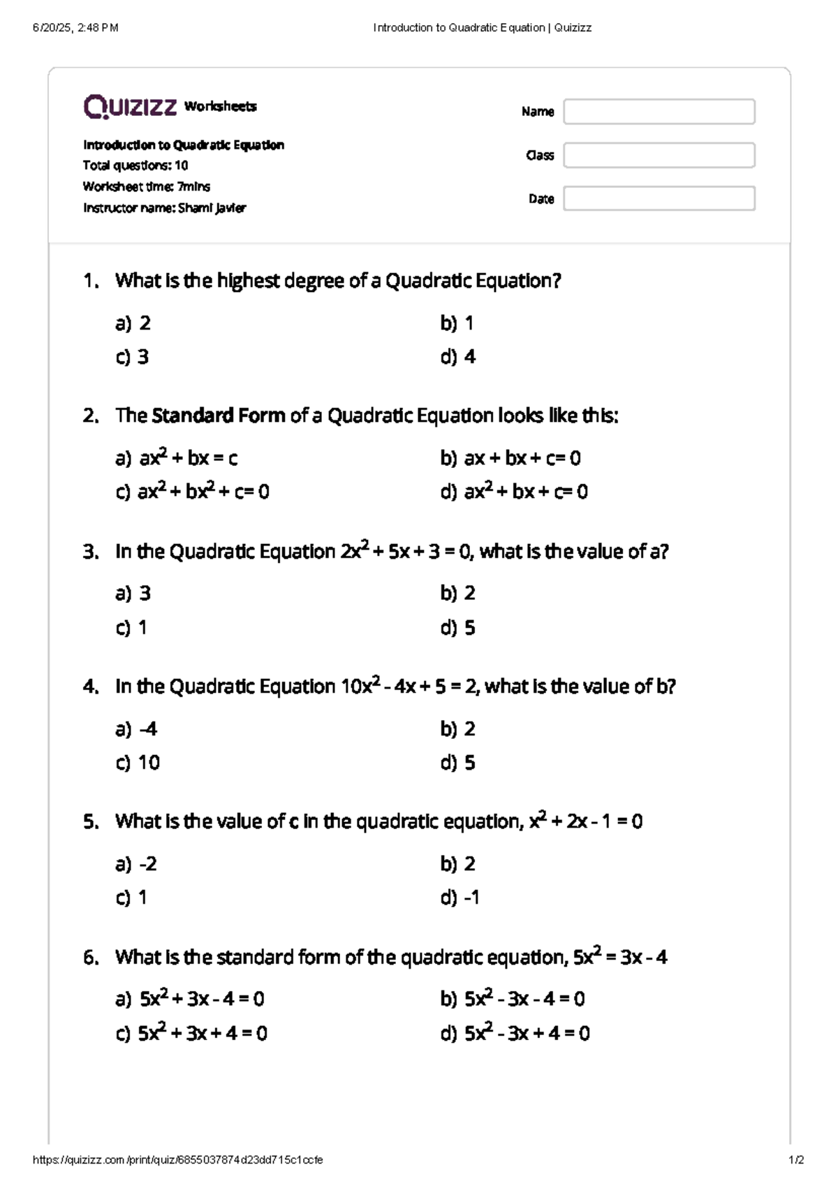 MATH101: Introduction to Quadratic Equations Quizizz Worksheet - Studocu