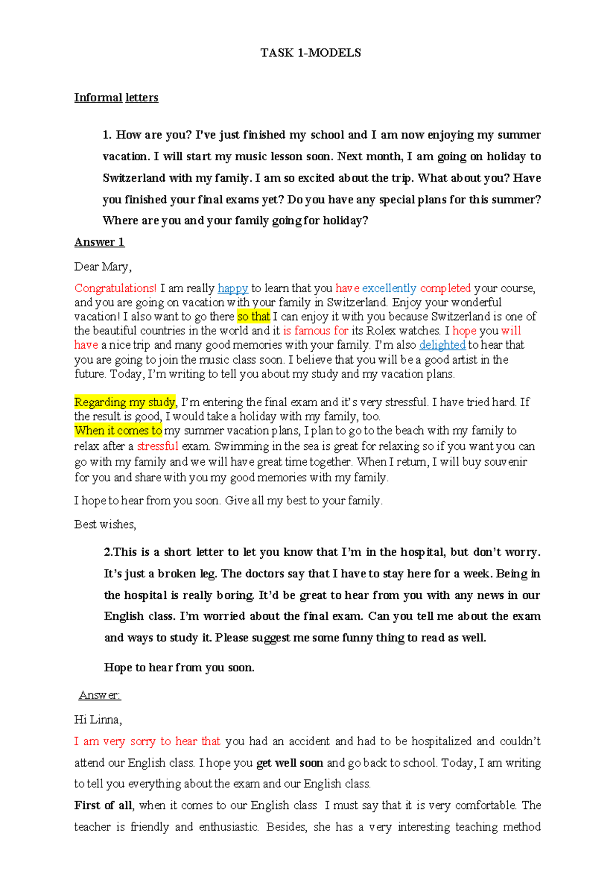 TASK 1: Informal Letter Models and Responses - Studocu