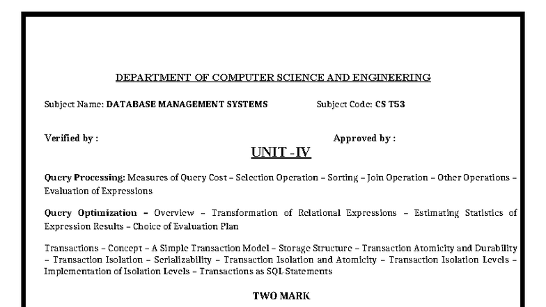 CS T53 UNIT 4 - Comprehensive Guide to DBMS Query Processing and ...