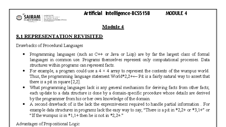 BCS515B Artificial Intelligence: Module 4 Lecture Notes on Logic - Studocu
