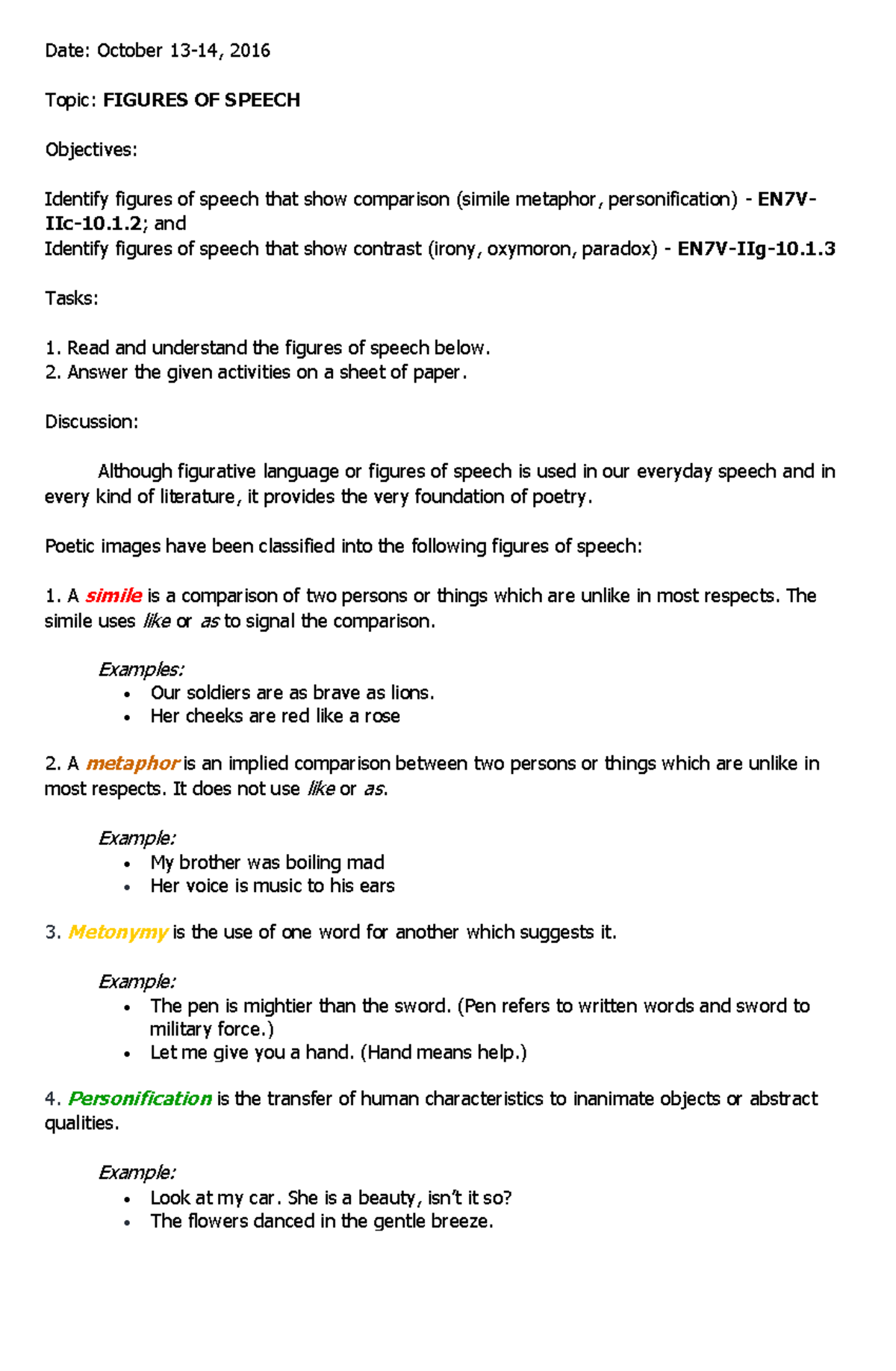 Figures of Speech: Comparison & Contrast - Diagnostic Test (Oct 2016 ...