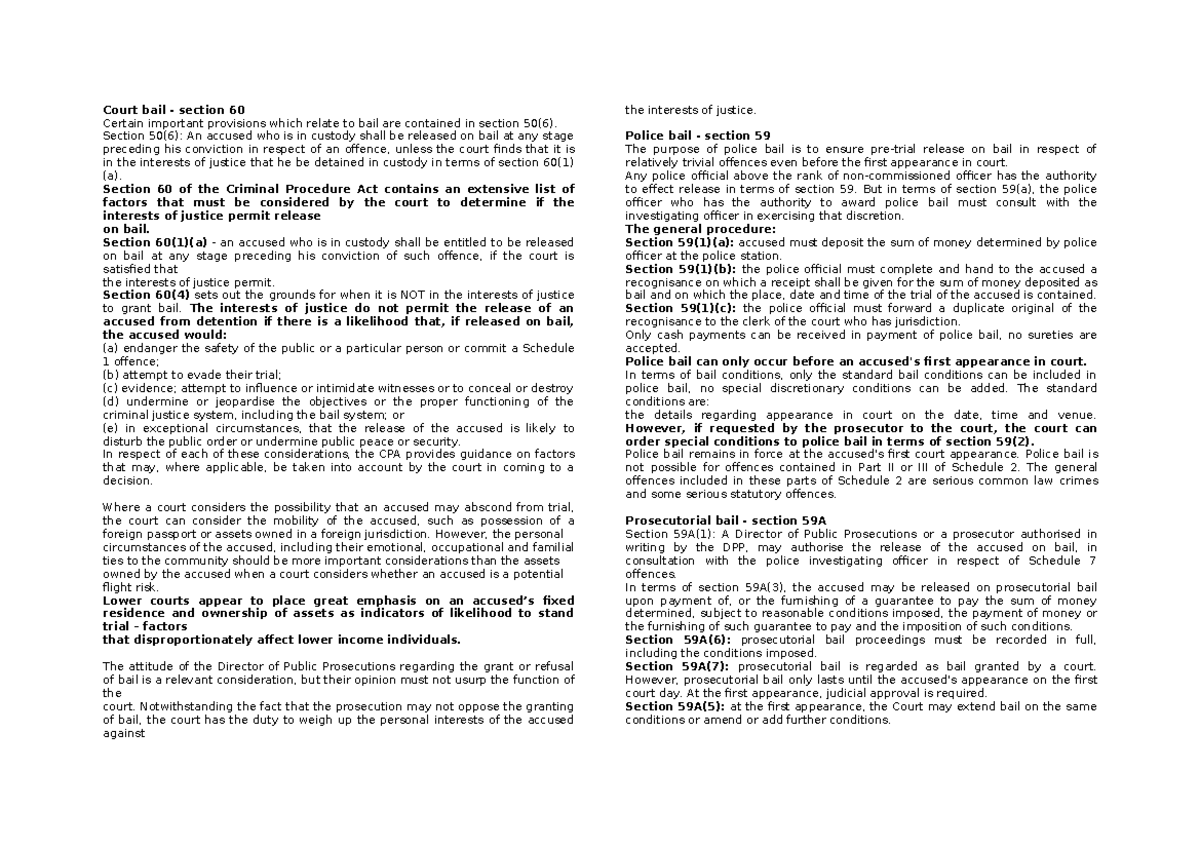 Crim Proc Assig 2: Key Provisions on Bail in Section 60 - Studocu