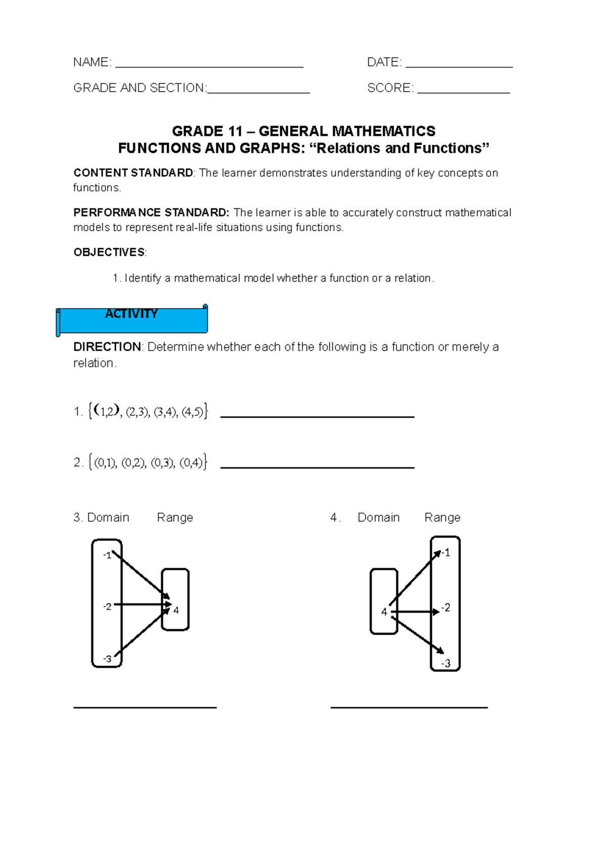 Activity Sheet 1 Gr.11 Functions and Relations-converted - NAME: DATE ...