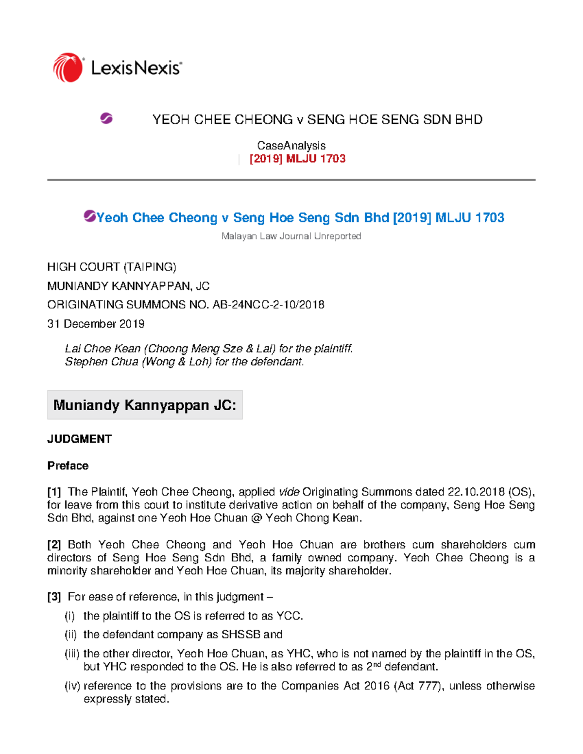 Yeoh Chee Cheong v Seng Hoe Seng Sdn Bhd [2019] MLJU 1703 Case Analysis ...