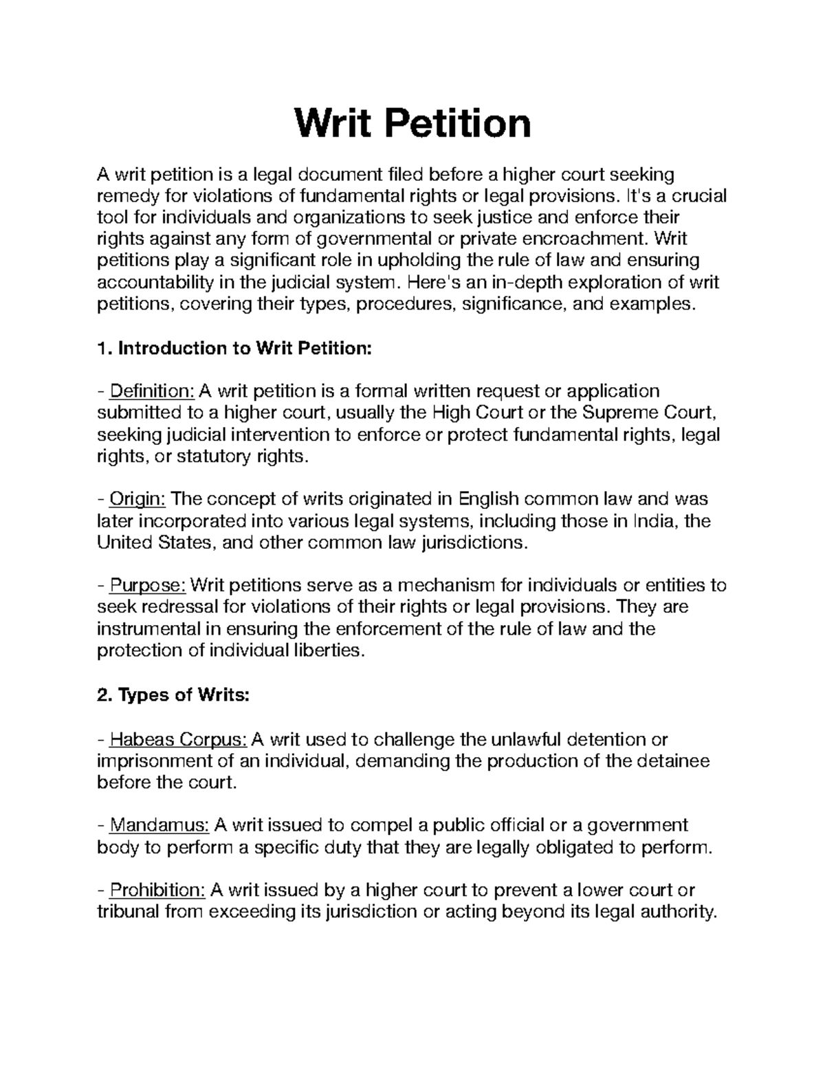 Writ Petition Overview: Types, Procedures, and Significance - Studocu