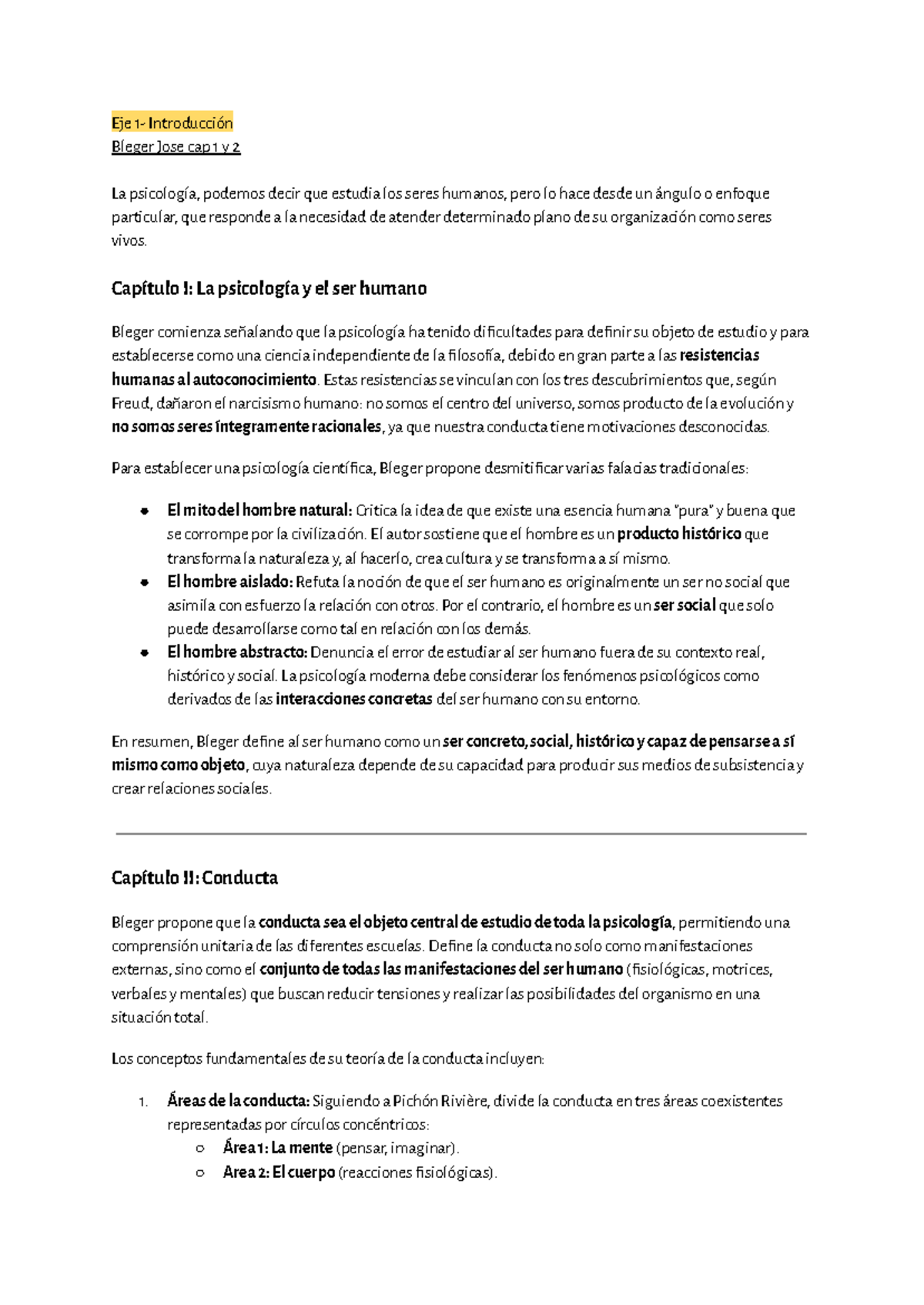 Resumen de Psicología: Introducción a Bleger (Capítulos 1 y 2) - Studocu