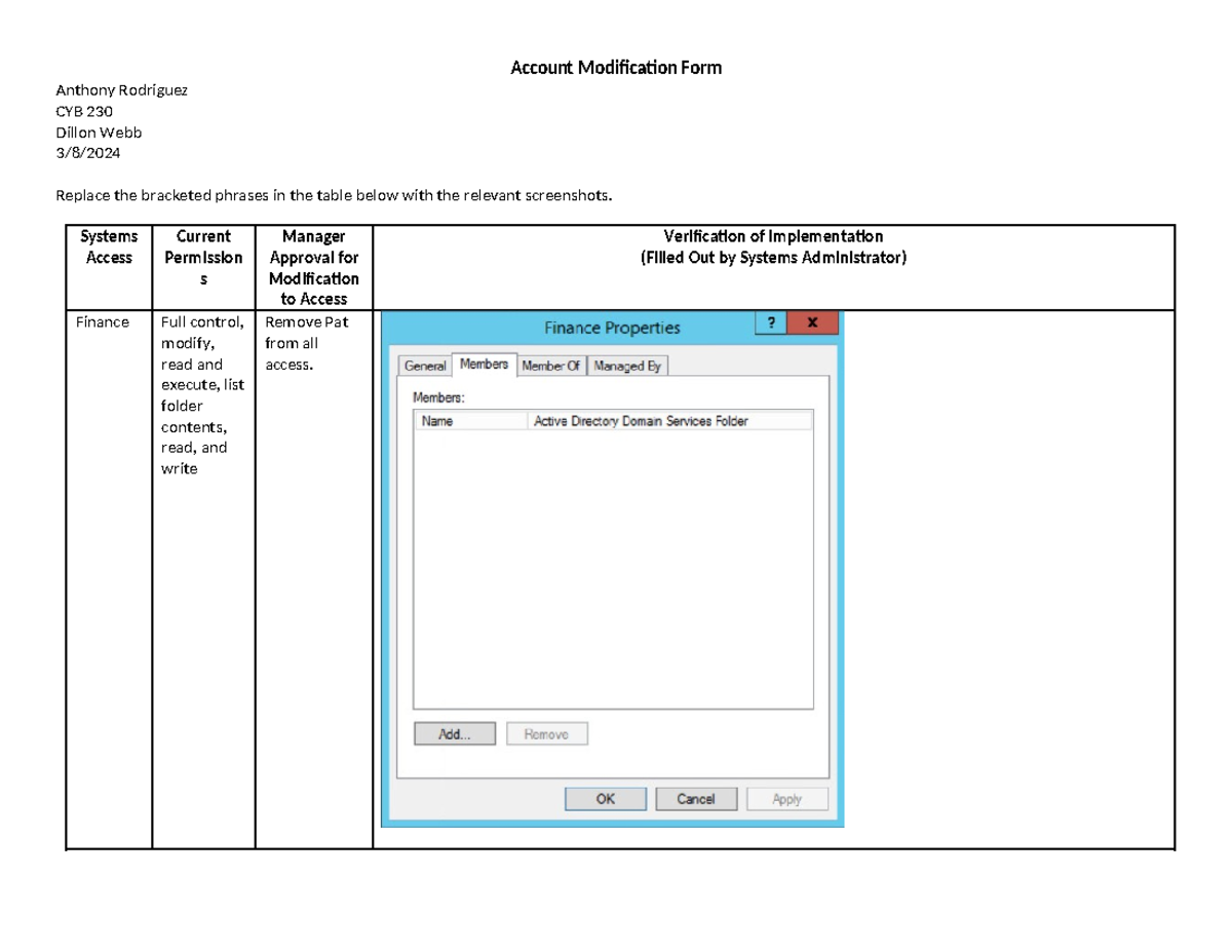 CYB 230 Project 1: Account Permission Modification Form - Studocu