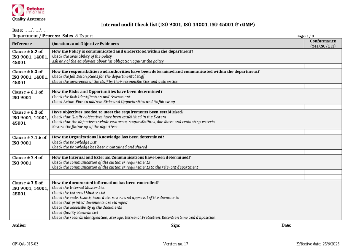 Sales Export Internal Audit Checklist (ISO 9001, 14001, 45001) - Studocu