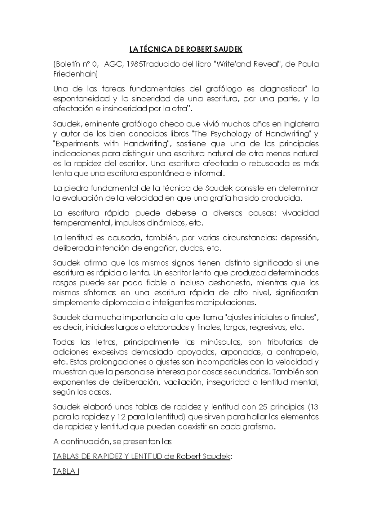 Técnica de Roberto Saudek: Tablas de Rapidez y Lentitud en Grafología ...
