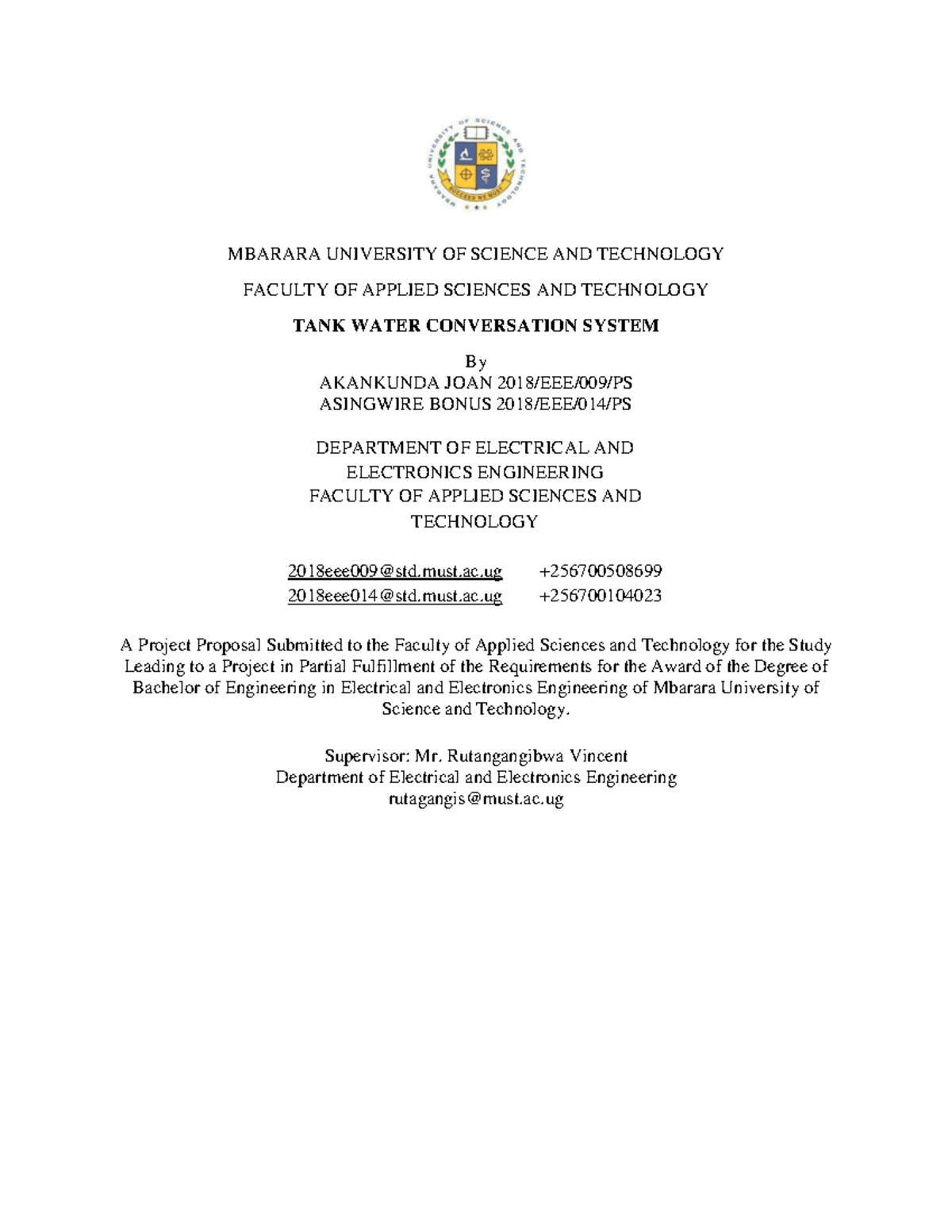 Proposal Report Draft PDF - MBARARA UNIVERSITY OF SCIENCE AND TECHNOLOGY FACULTY OF APPLIED ...