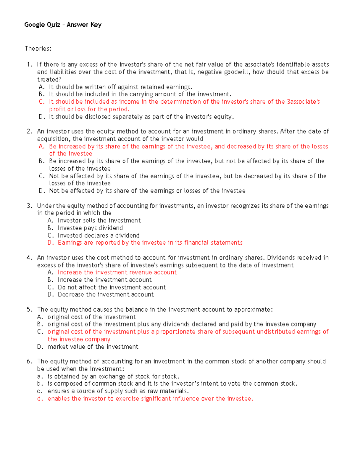 PAS 28 - Google Quiz Answer Key for Investment in Associates - Studocu