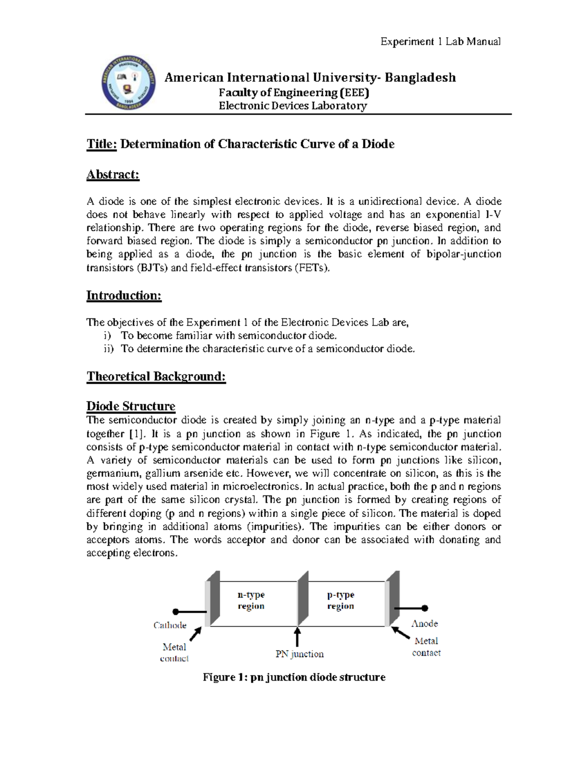 Determination of Diode Characteristic Curve - EEE Lab Manual - Studocu