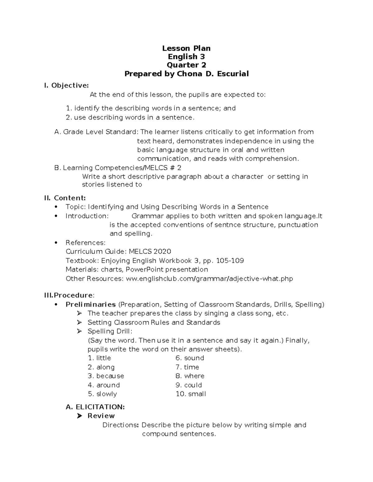 English 3 Lesson Plan: Describing Words & Sentence Structure - Studocu