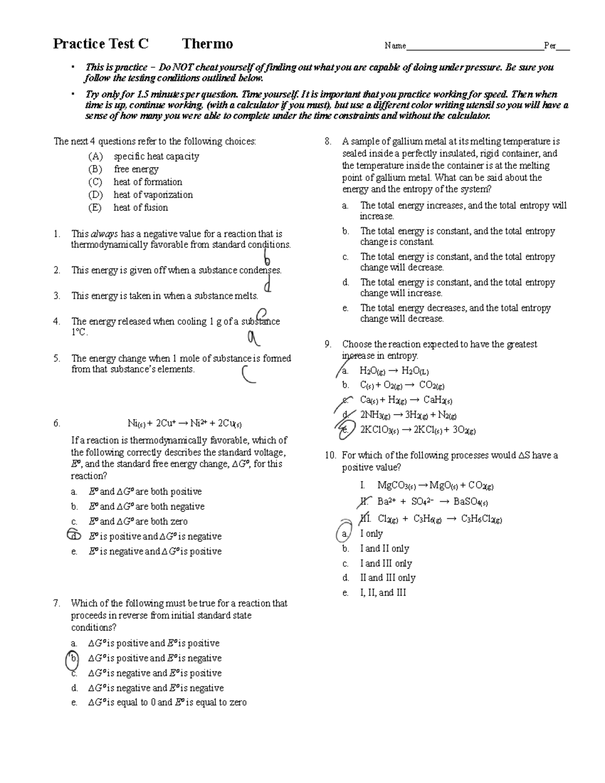 AP Chem - Practice Test C: Thermodynamics Test Prep Notes - Studocu