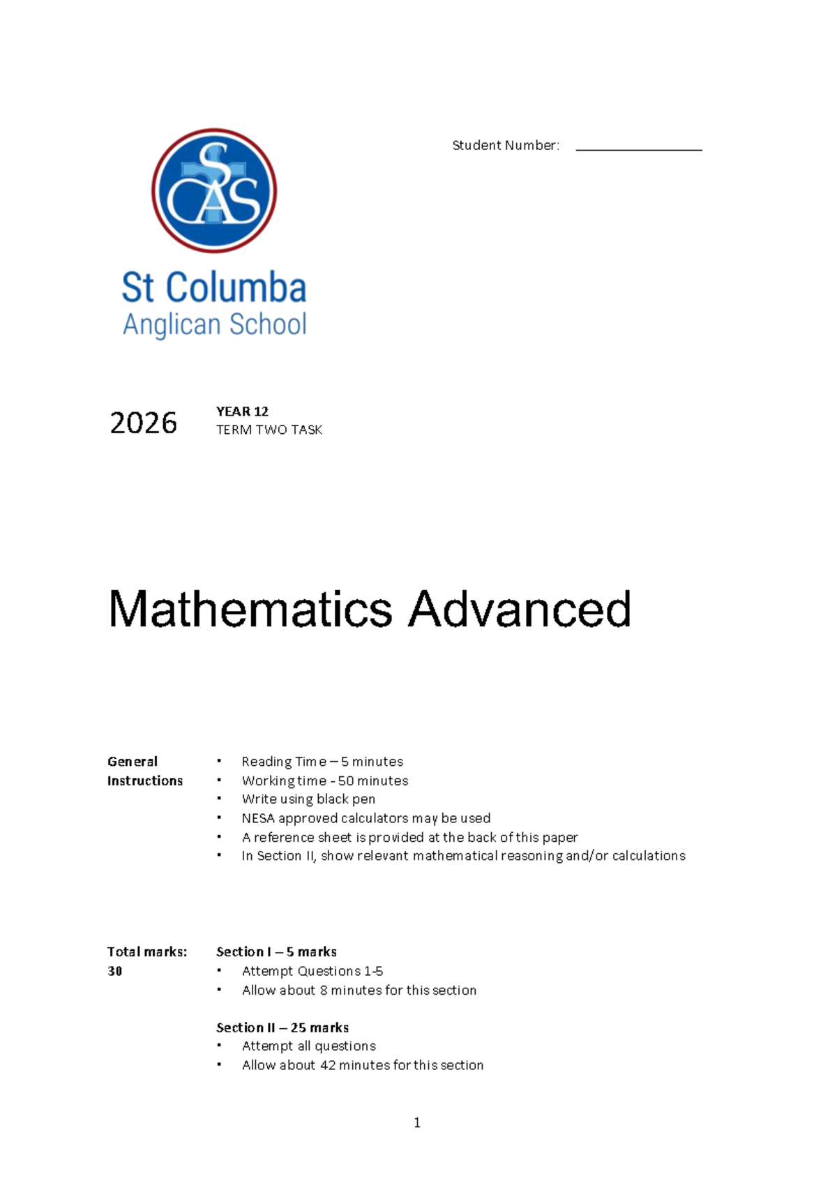12MAA Year 12 Term Two Mathematics Advanced Task 2026 - Studocu